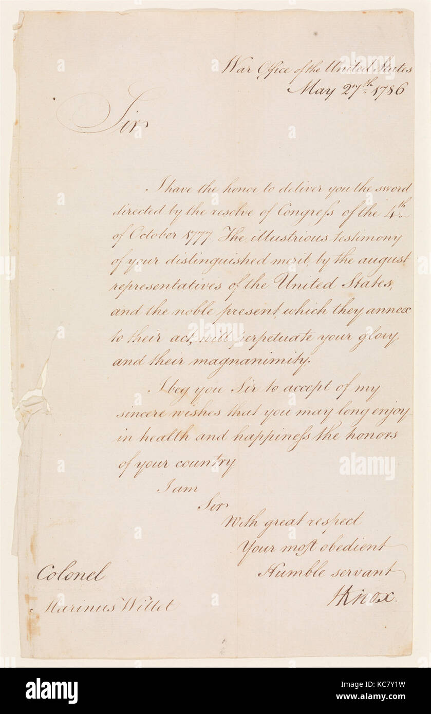 Letter from Henry Knox (1750–1806), Secretary of War, to Colonel ...