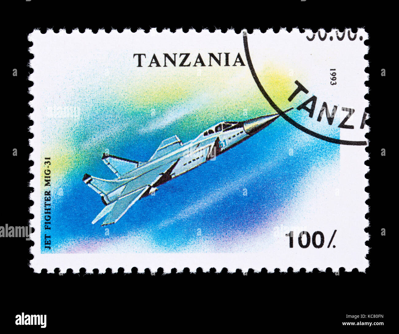 Postage stamp from Tanzania depicting a MIG-31 fighter jet aircraft ...