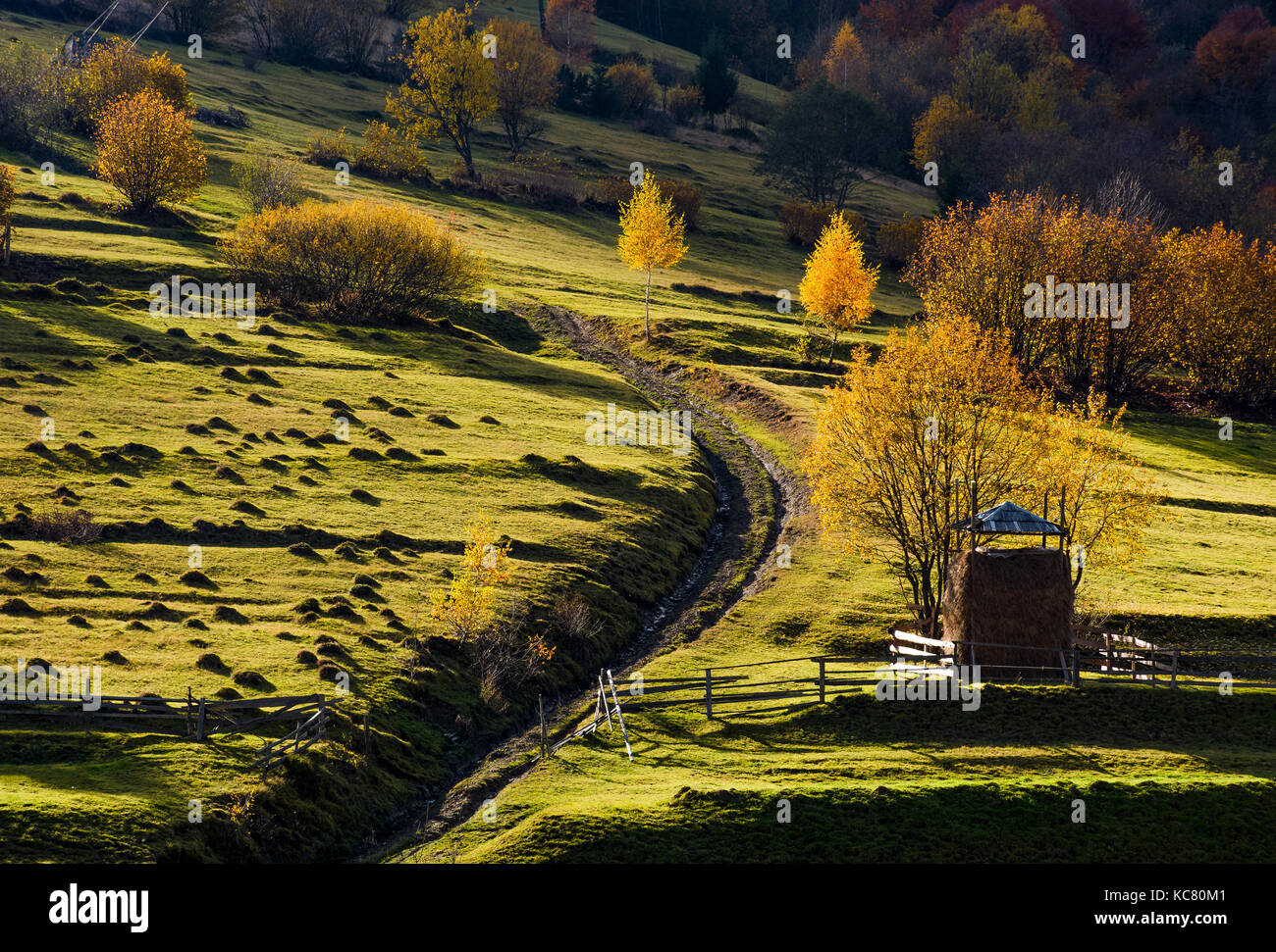 haystack behind the fence near the path on hillside in autumn ...