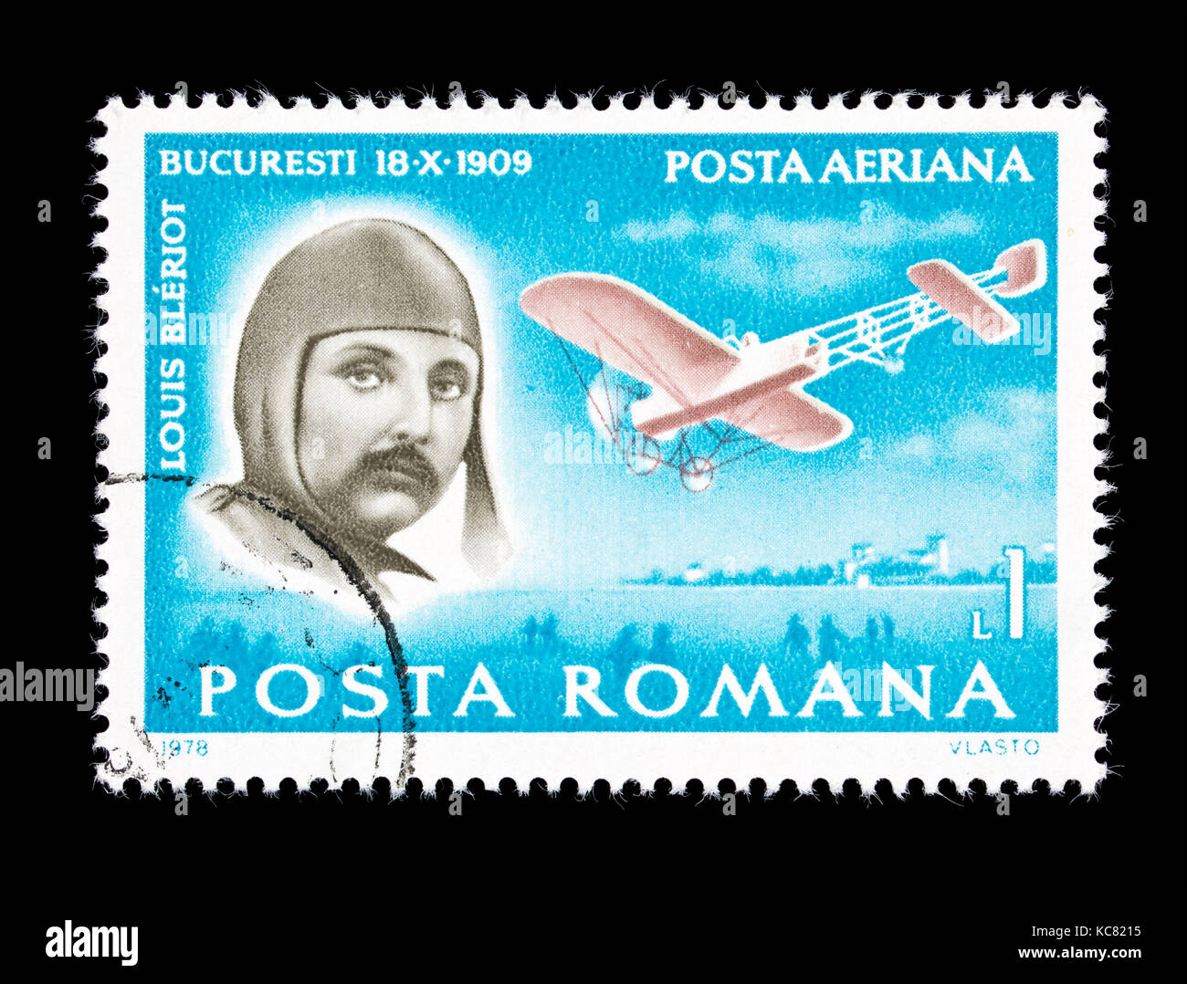 Postage stamp from Romania depicting Louis Bleriot and his first flight ...