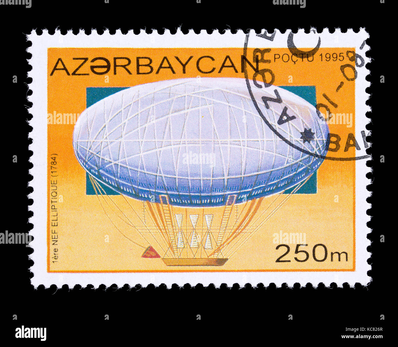 Postage stamp from Azerbaijan depicting the first elliptical balloon ...