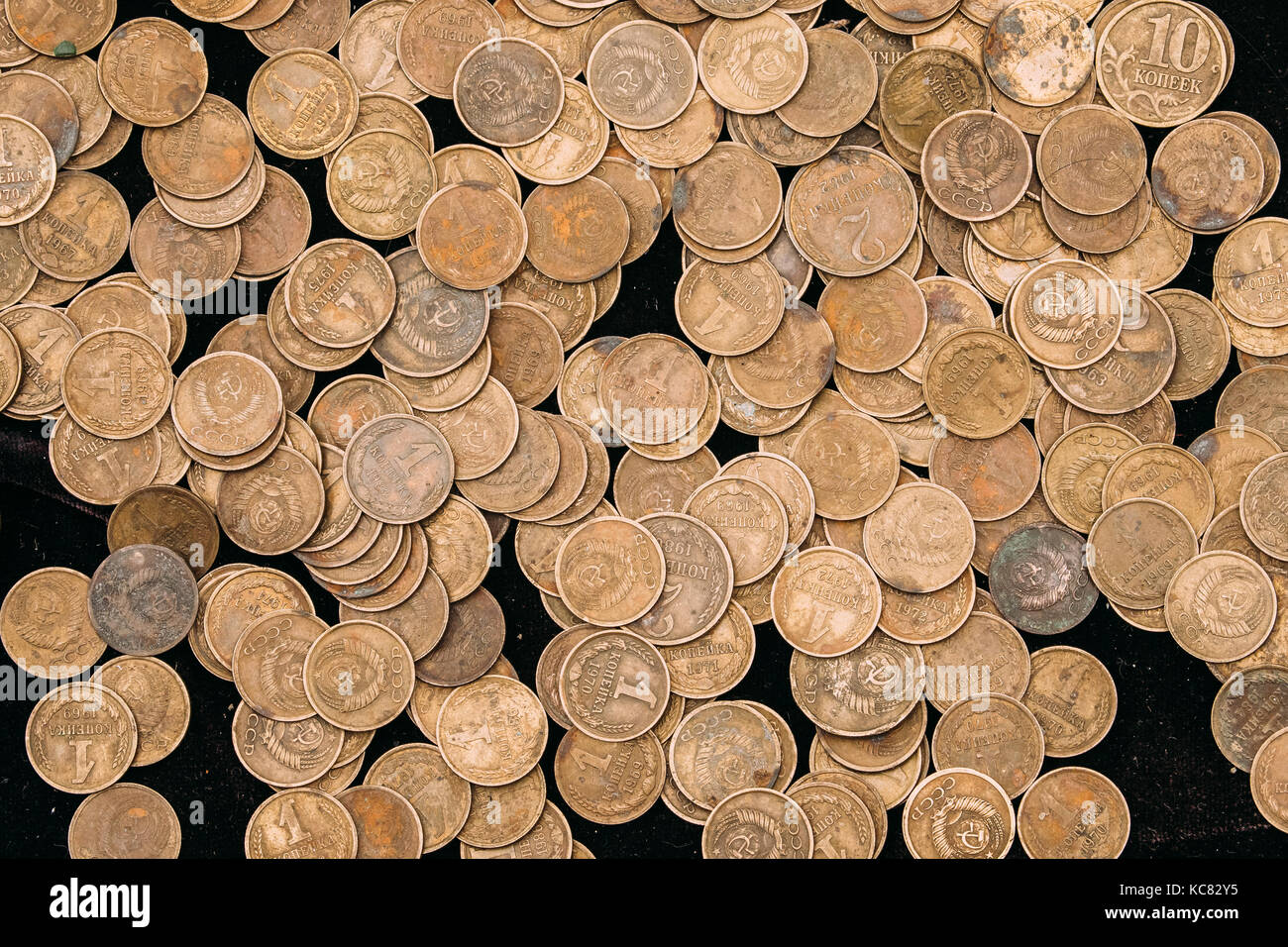 Tbilisi, Georgia. Top View Of Old Vintage Retro Coins Of USSR On Black ...