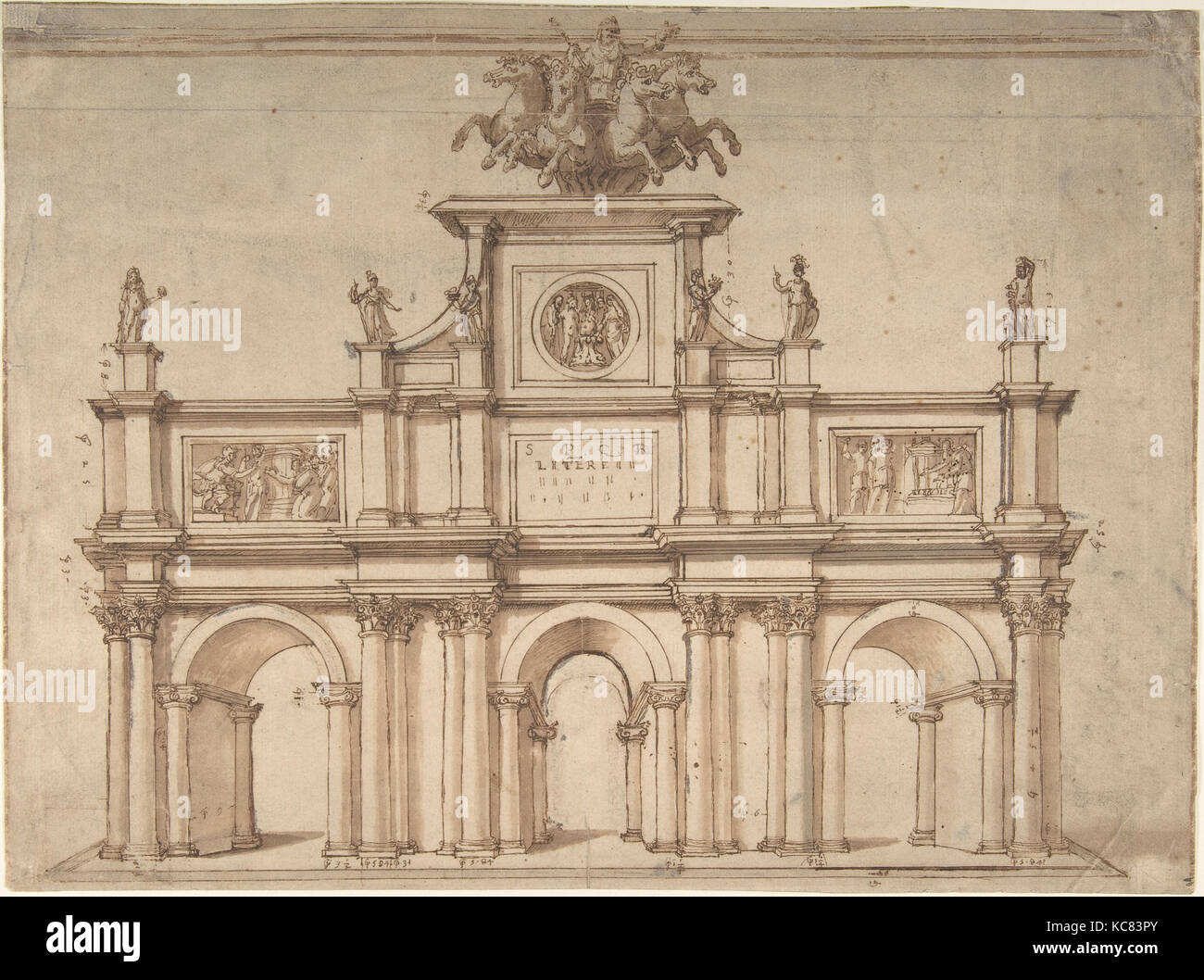 Design for a Triumphal Arch with Three Arches, Anonymous, Italian, 16th ...