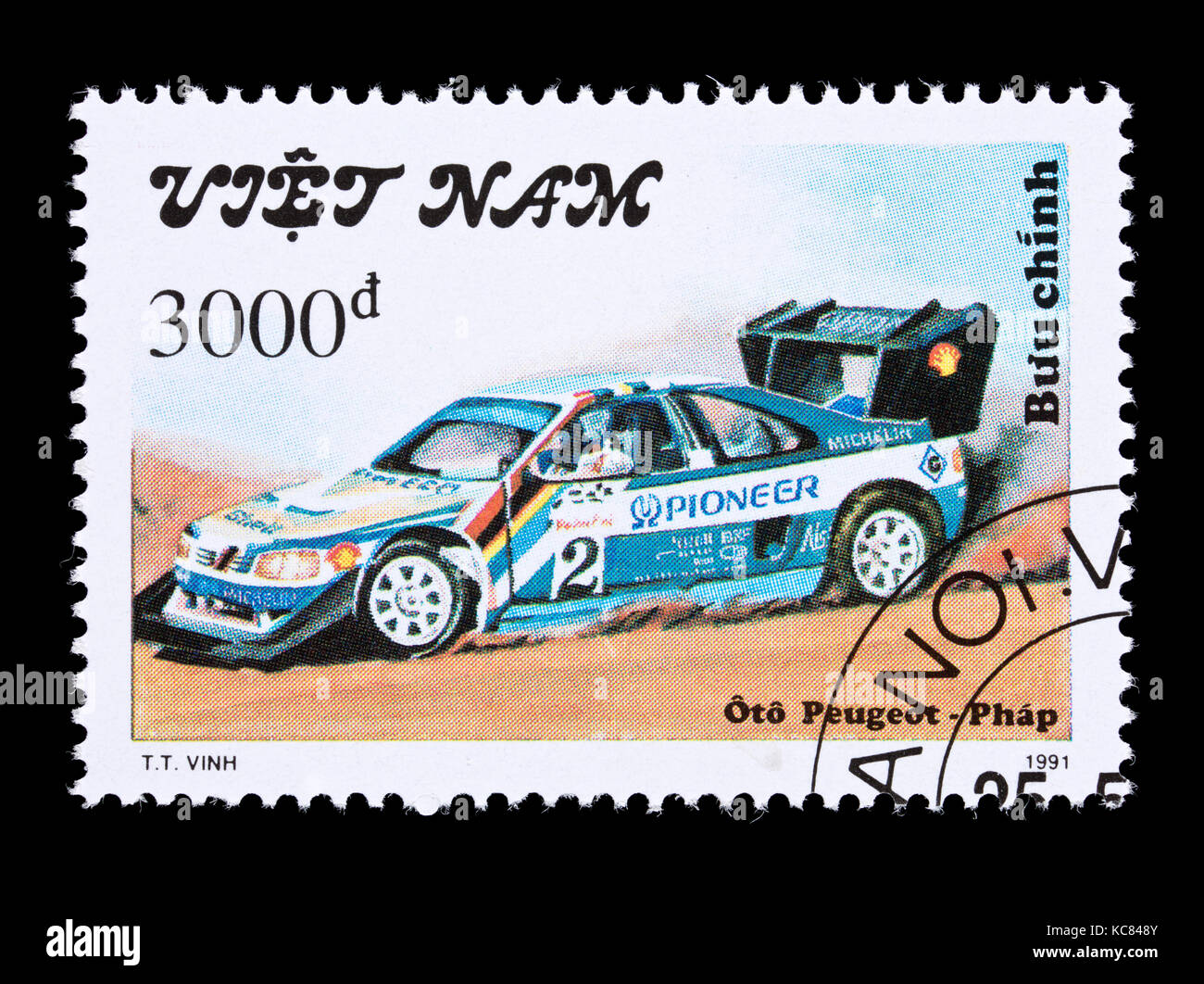 Postage stamp from Vietnam depicting a Peugeot off-road rally car Stock ...