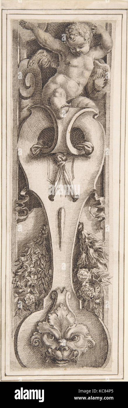 Ornamental Border with a Putto, Scroll, Mask, and Floral Garland ...