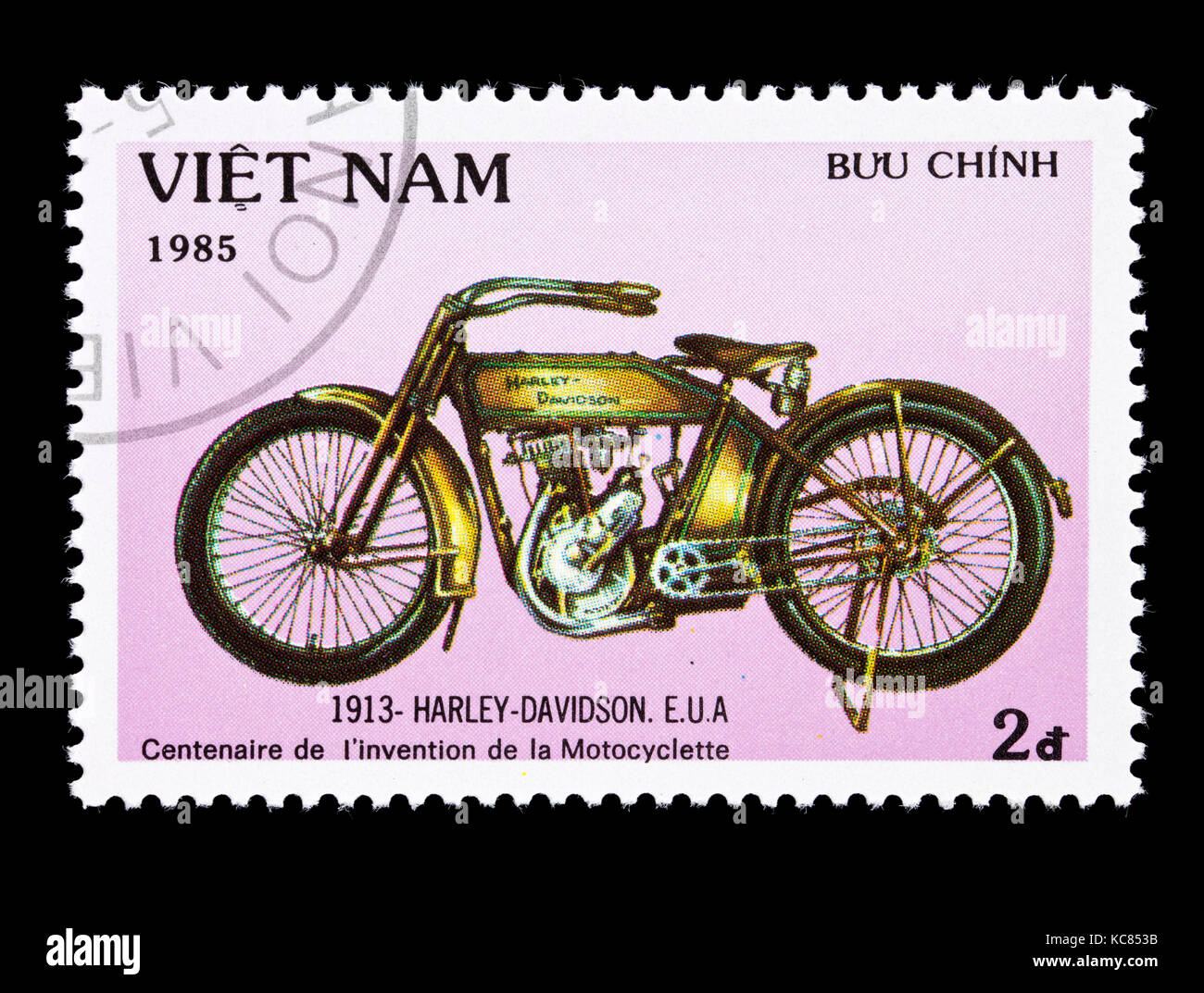 Postage stamp from Vietnam depicting a 1913 Harley Davidson E.U.S ...