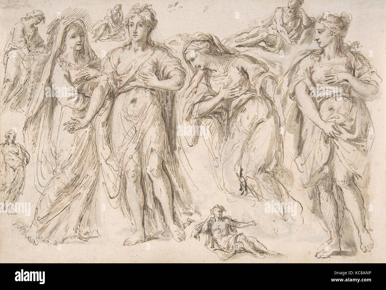 Studies of draped female and male figures; verso: Studies of draped ...