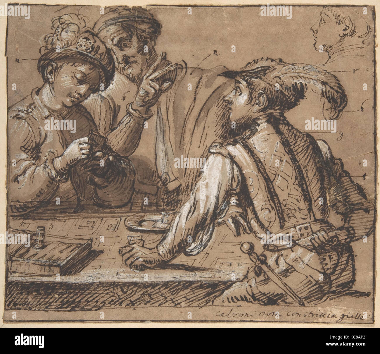 Study after Caravaggio's 'The Cardsharps' with color notes, Anonymous ...