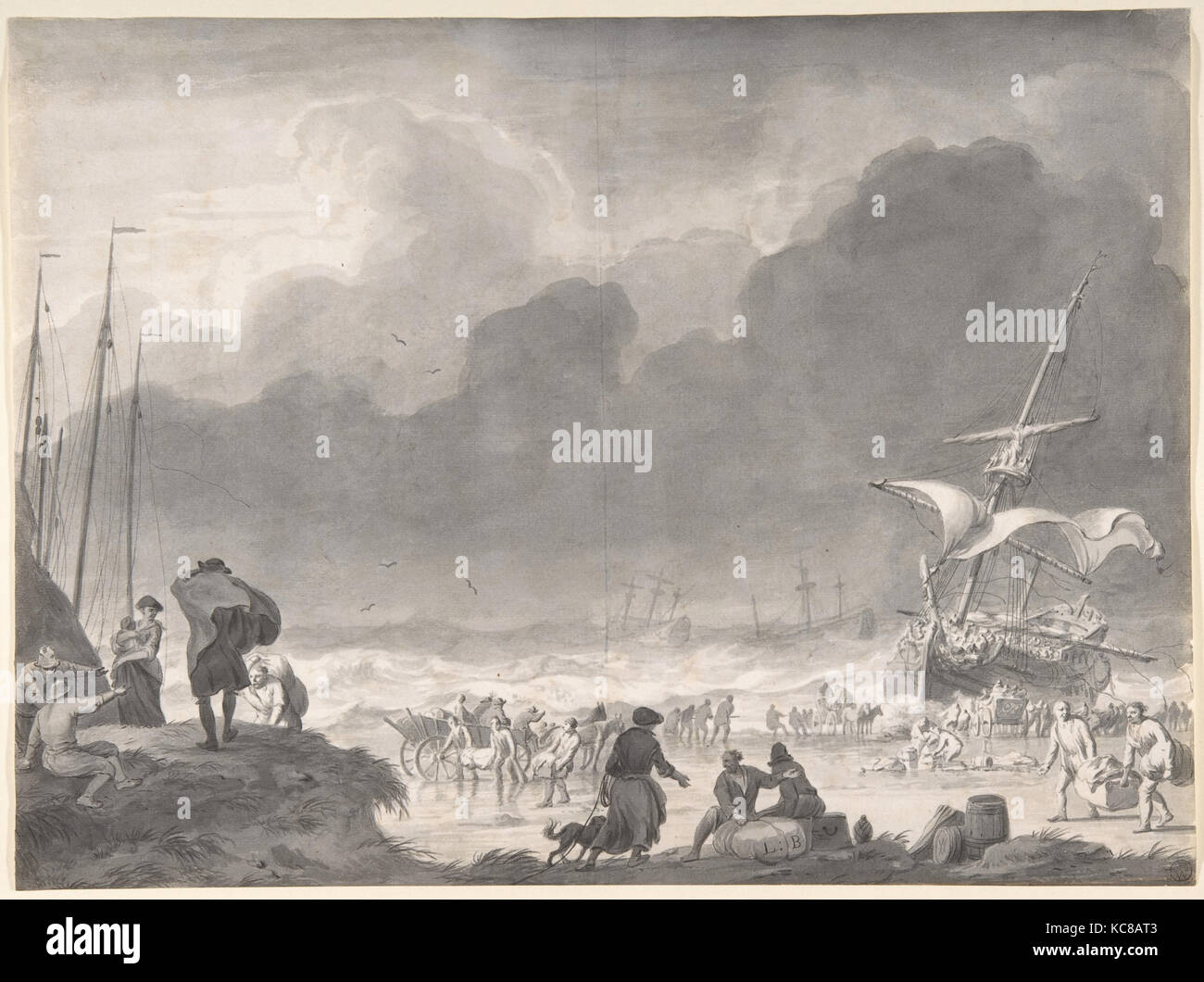 A Ship Wrecked on a Shore on a Stormy Night, with Survivors Salvaging ...
