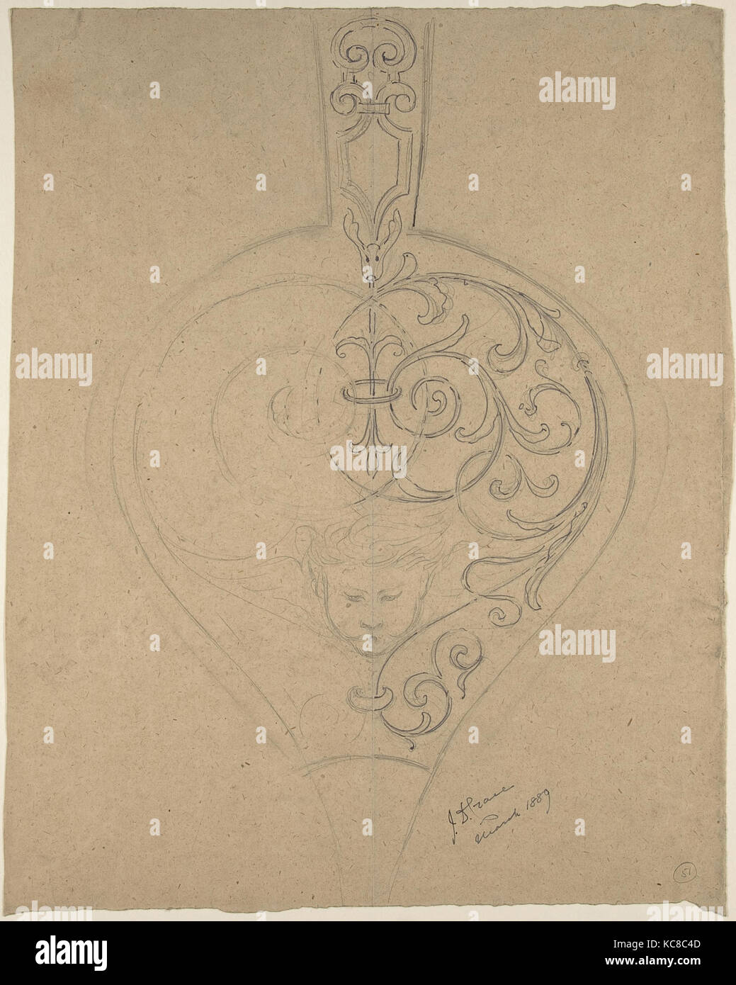 Rinceau Ornament with the Head of a Zephyr, John Dibblee Crace, ca ...