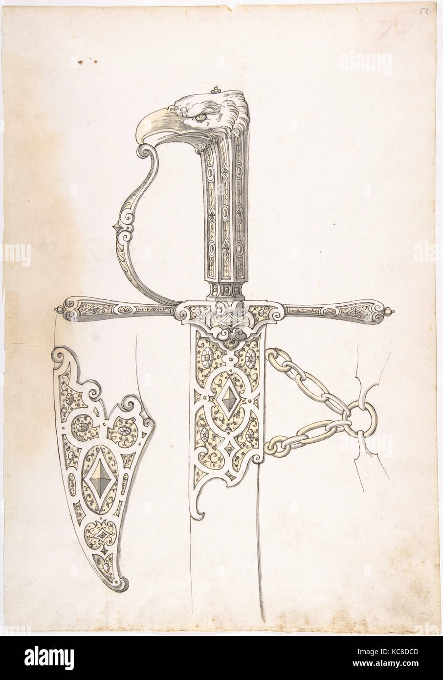 Design for a Sword, 16th century, Pen and black ink, brush with gray ...