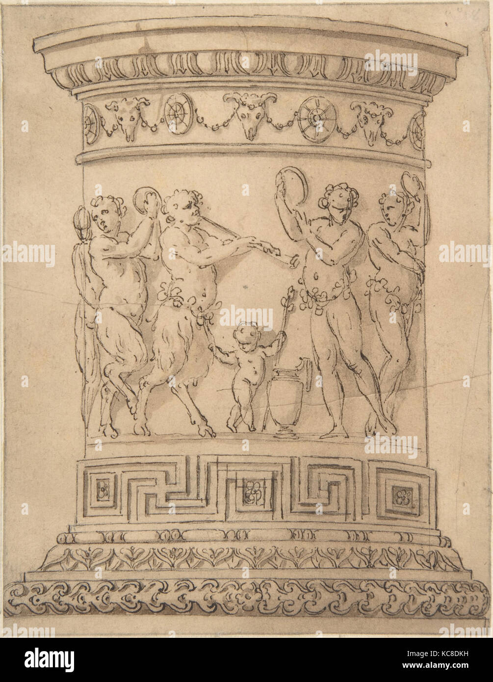 Pedestal with Relief Carving of a Bacchanal with Ornamental Borders ...
