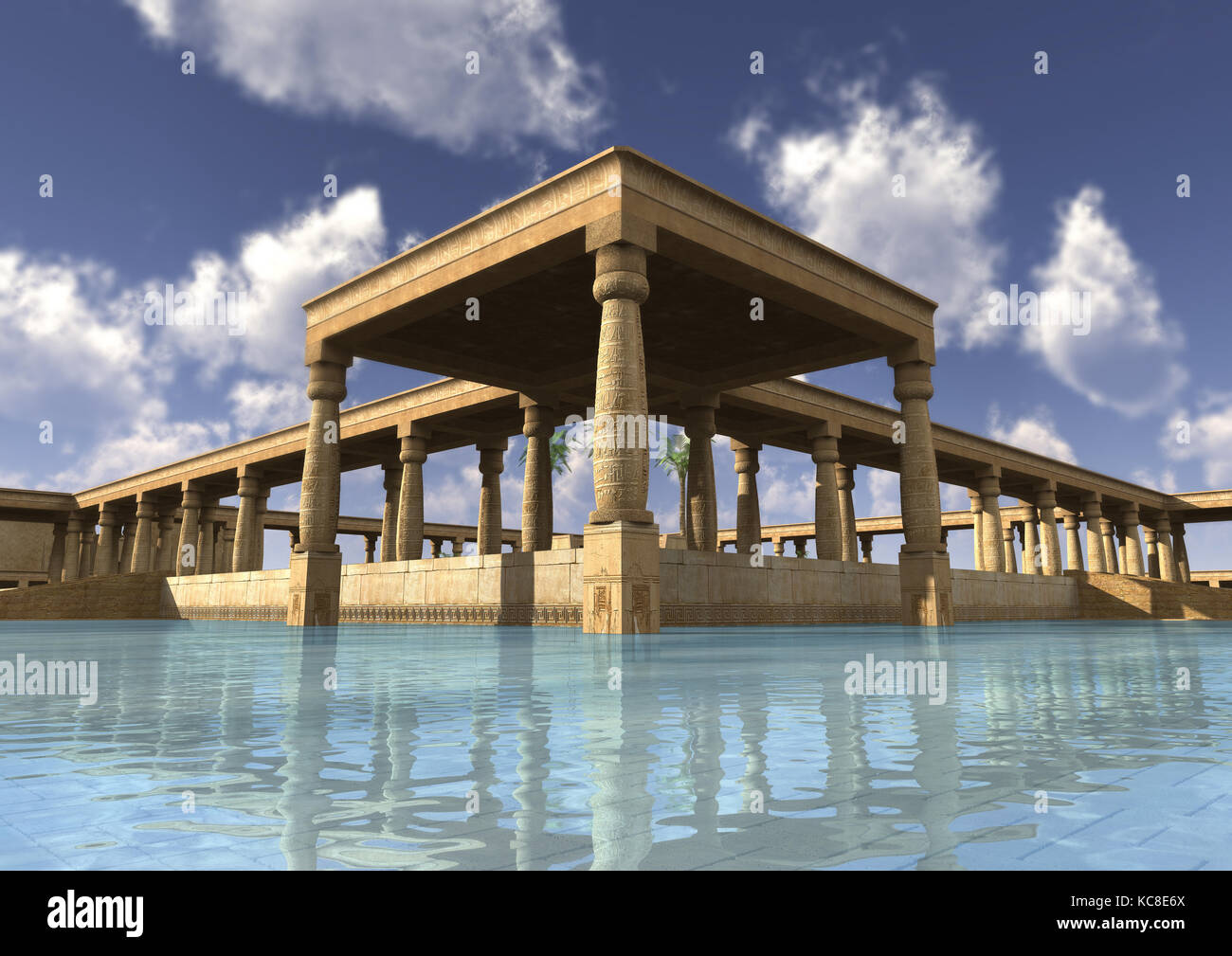 3D rendering of an old Egyptian ancient palace with a pool, sunny day ...