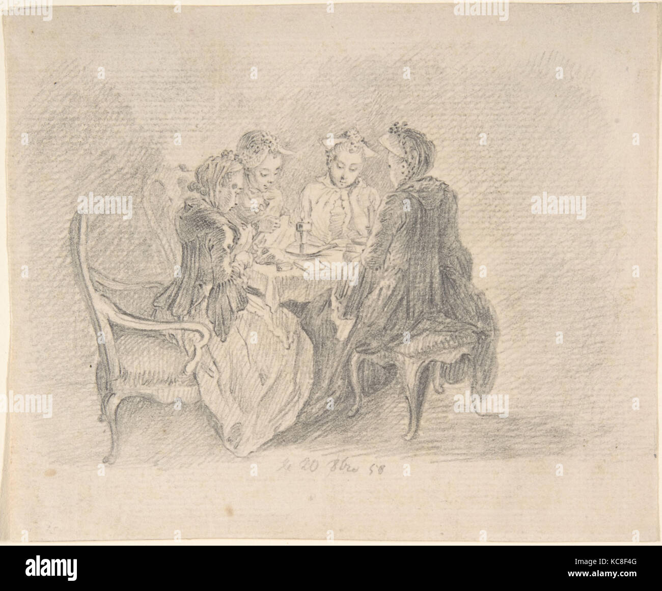 Four Ladies Sitting around a Table Occupied with Needlework, Reading ...
