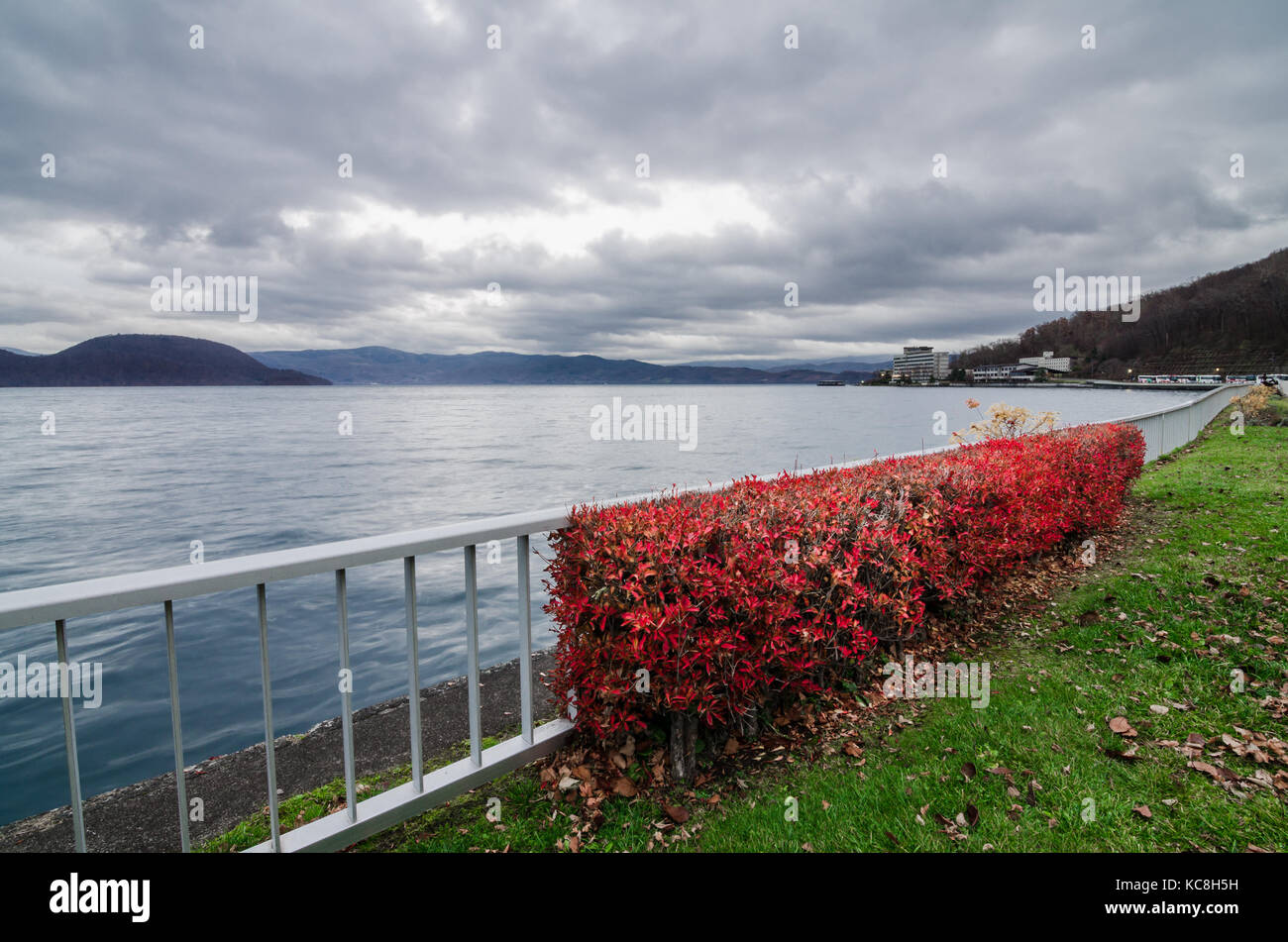 Cloudy view of the infamous Lake Toya. The lake is a volcanic caldera ...