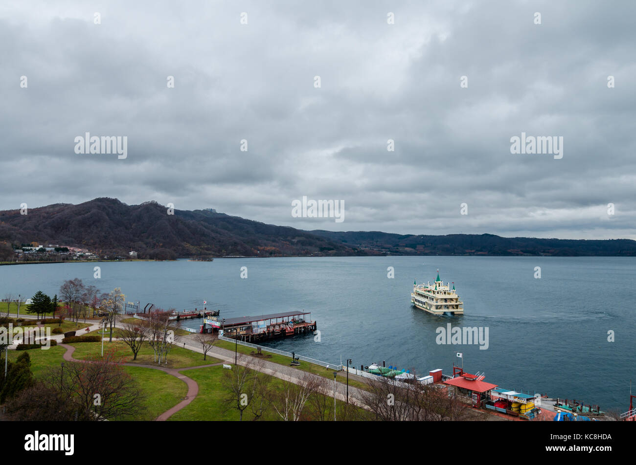 Cloudy view of the infamous Lake Toya. The lake is a volcanic caldera ...