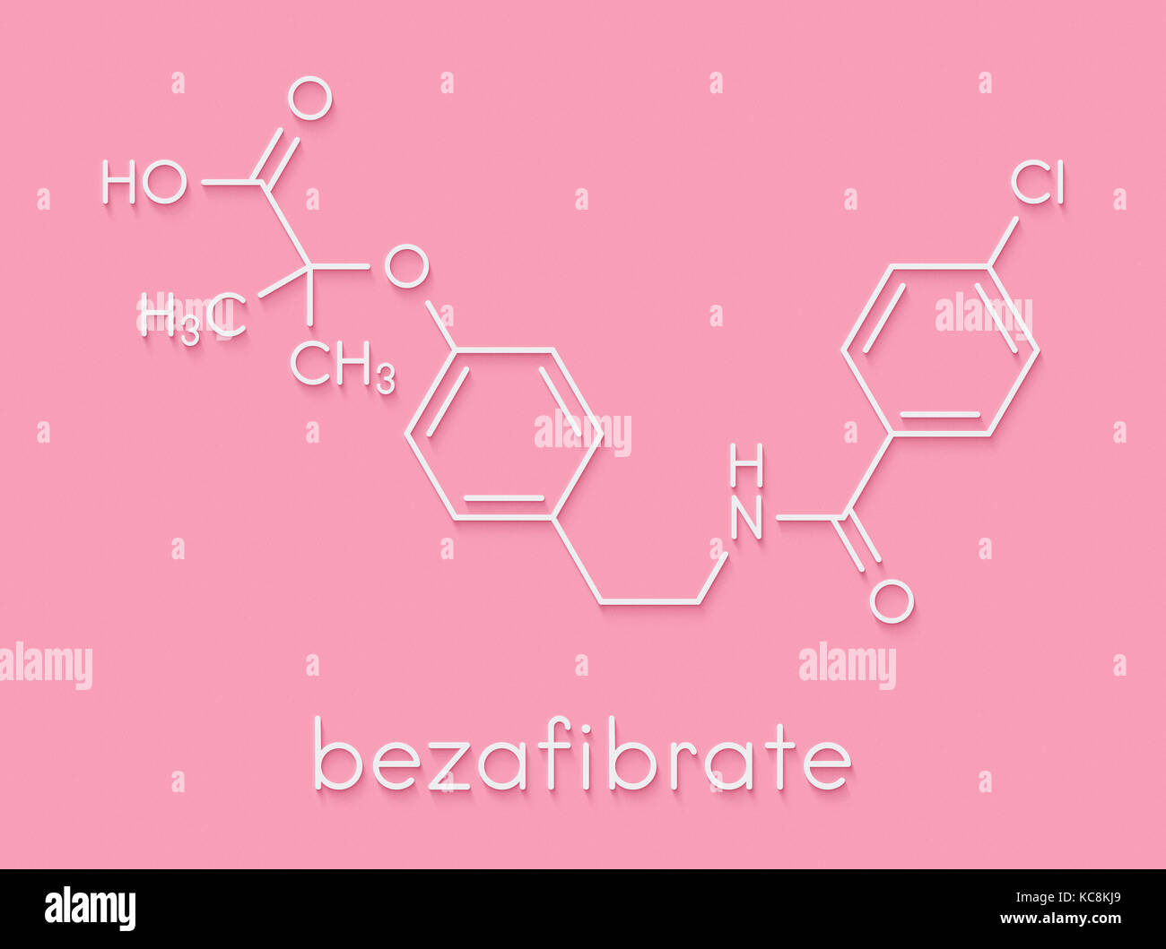 Bezafibrate hyperlipidemia drug molecule (fibrate class). Skeletal ...