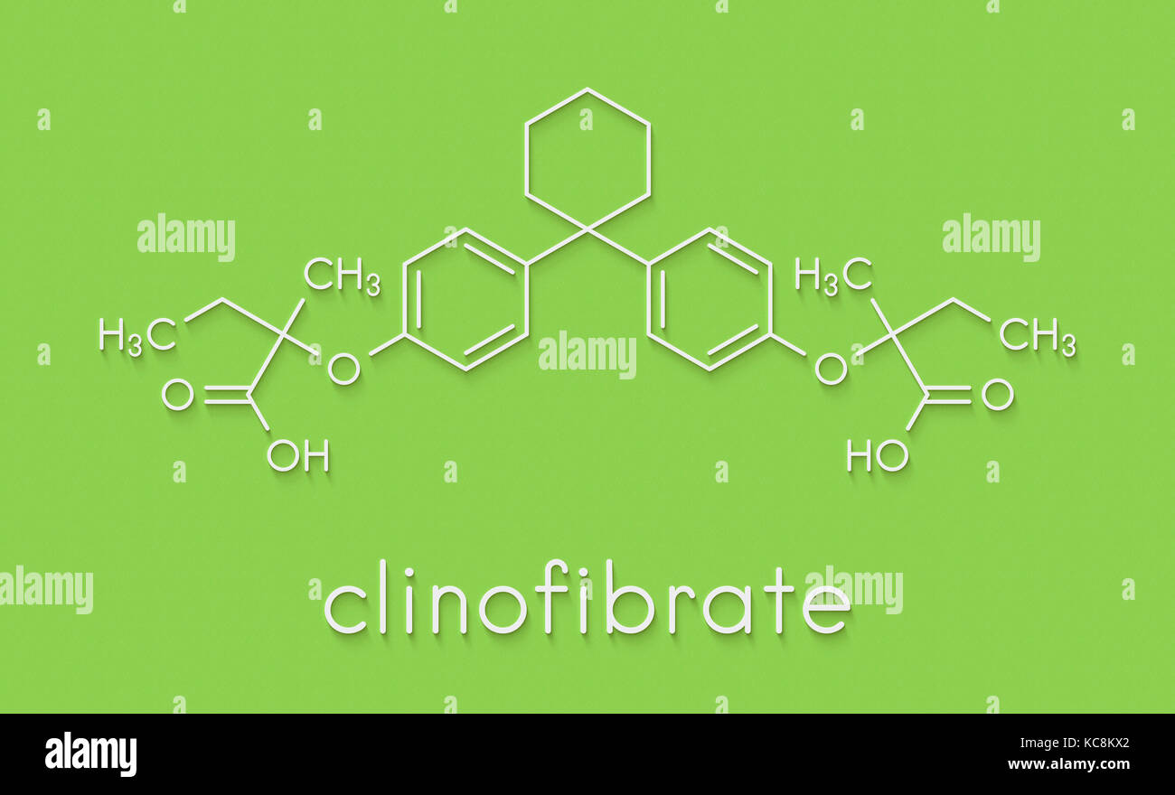 Clinofibrate hyperlipidemia drug molecule (fibrate class). Skeletal ...