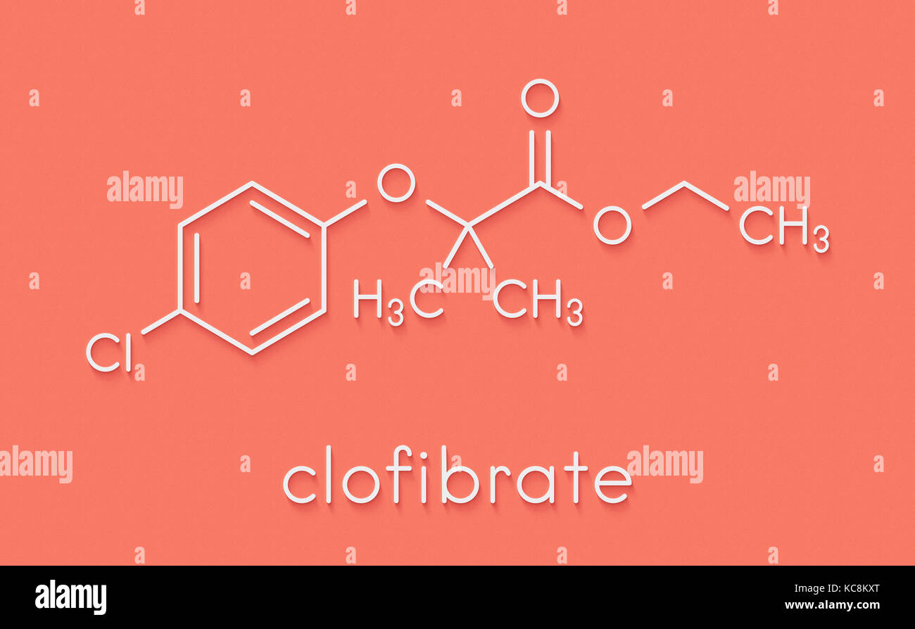 Clofibrate hyperlipidemia drug molecule (fibrate class). Skeletal ...