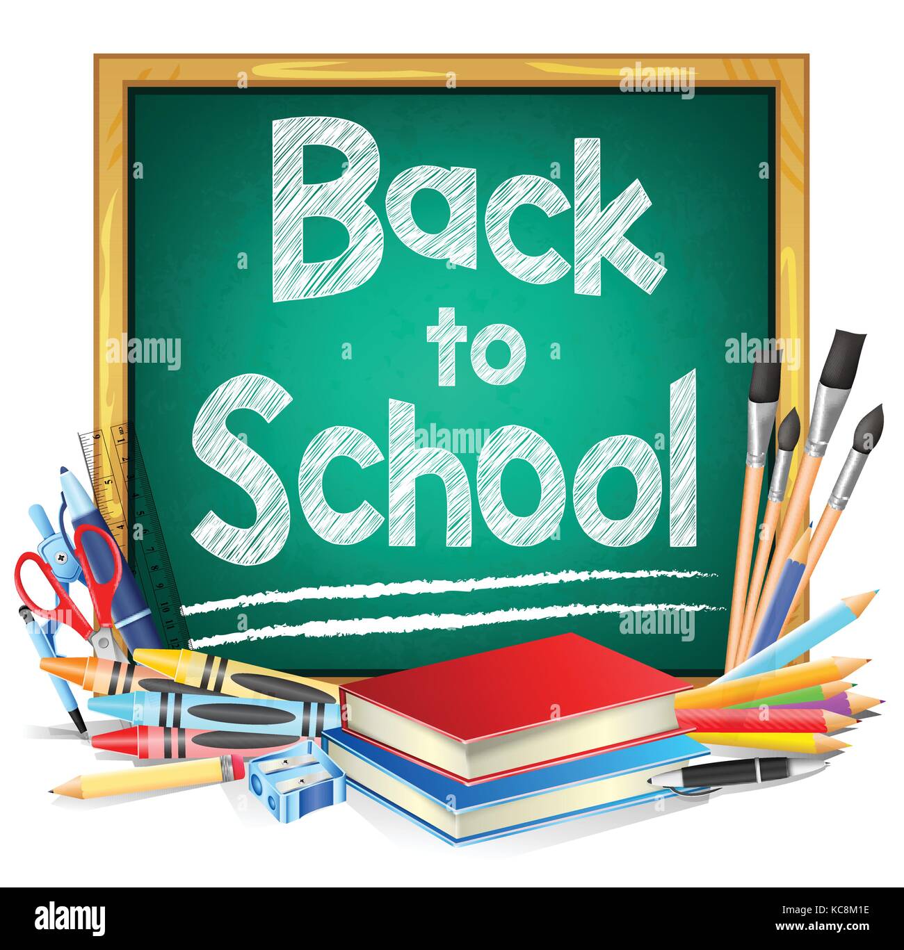 Green Chalkboard with Back to School Text and School Supplies Isolated ...