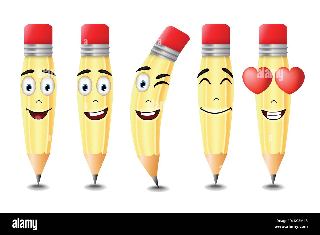 Pencil Emoticons with Five Different Facial Expressions Isolated in ...