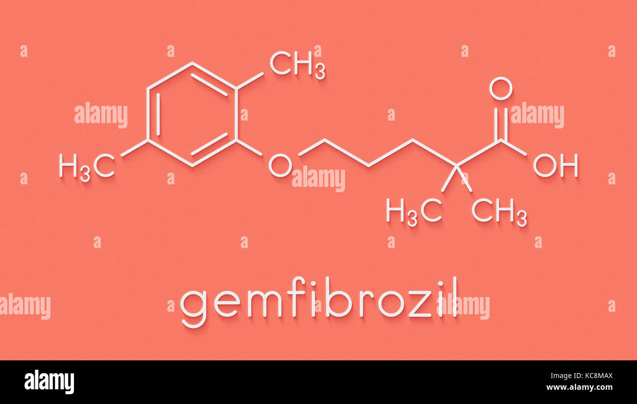 Gemfibrozil hyperlipidemia drug molecule (fibrate class). Skeletal ...