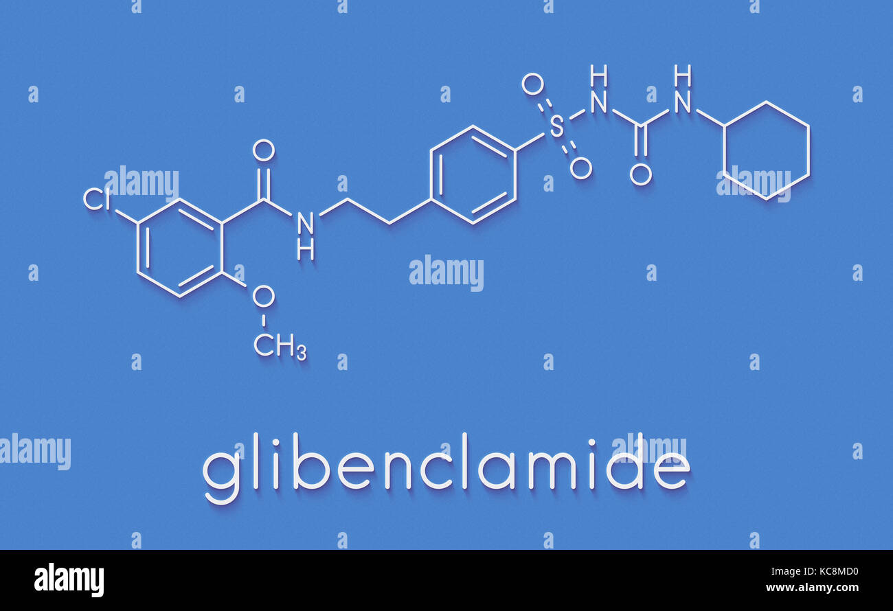 Glibenclamide (glyburide) diabetes drug molecule. Skeletal formula ...