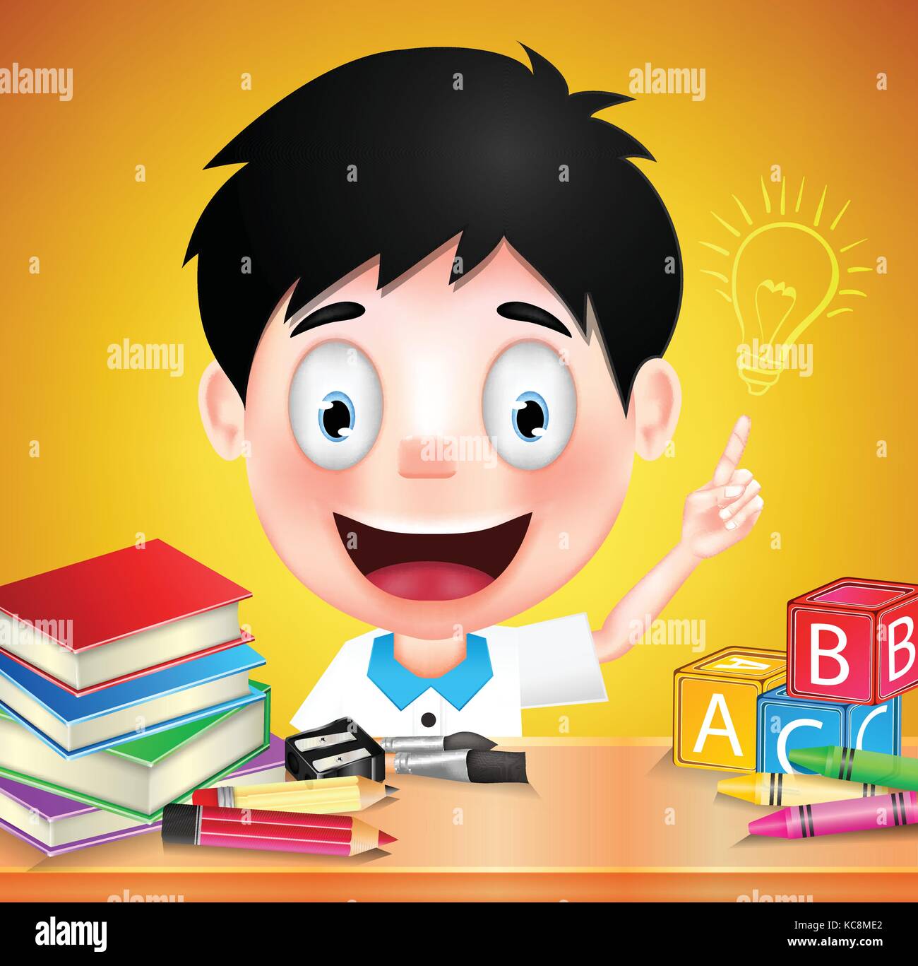 Smiling Boy Student Character with Idea on Orange Background. Vector ...