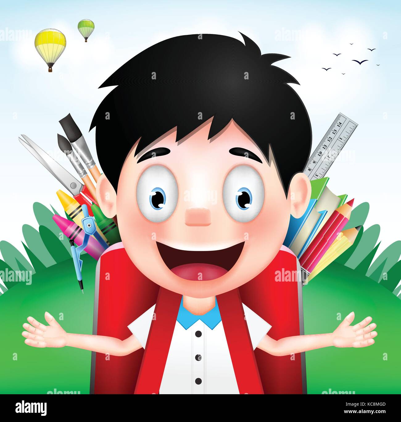 Smiling Boy Student Character Wearing Red Backpack full of School ...