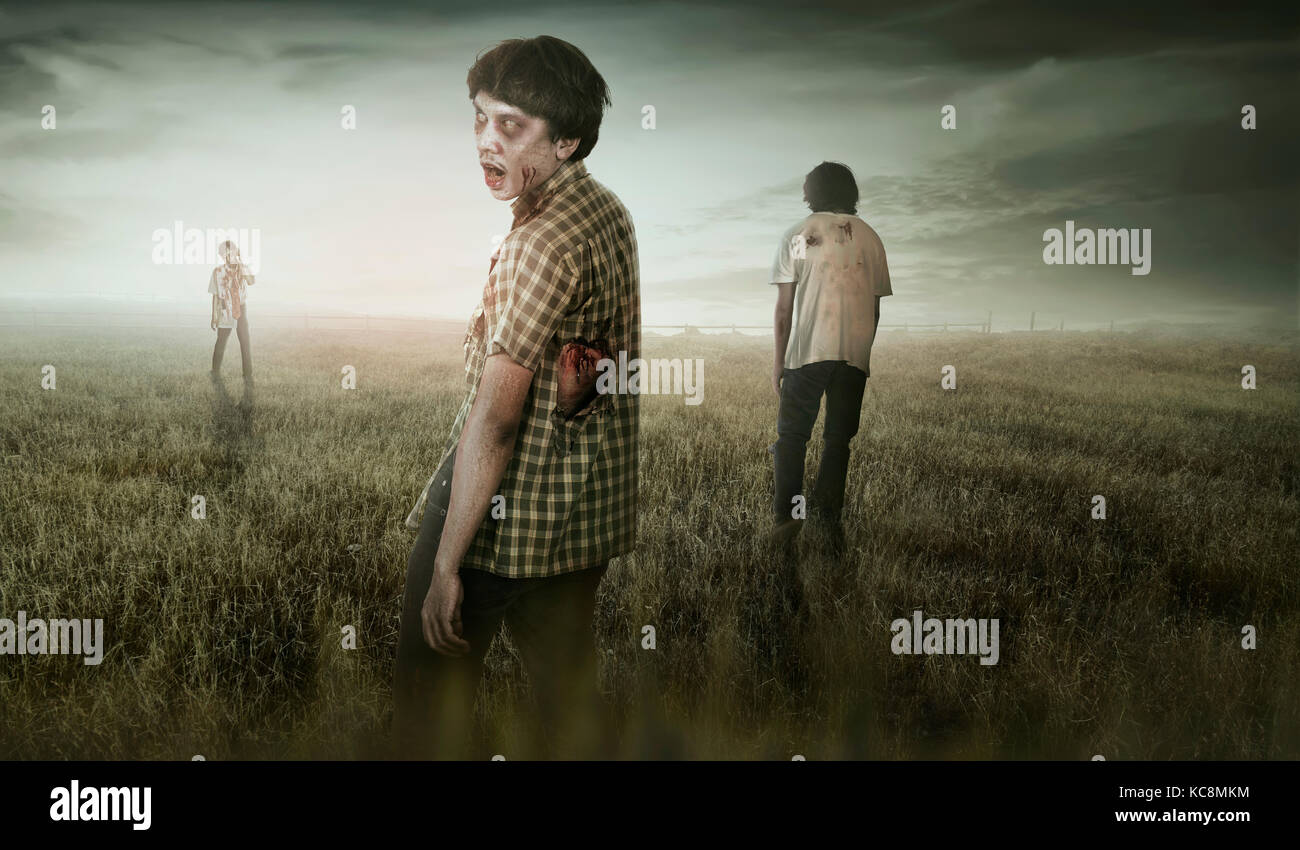 Group of asian scary zombies standing on dry grass field with dramatic ...