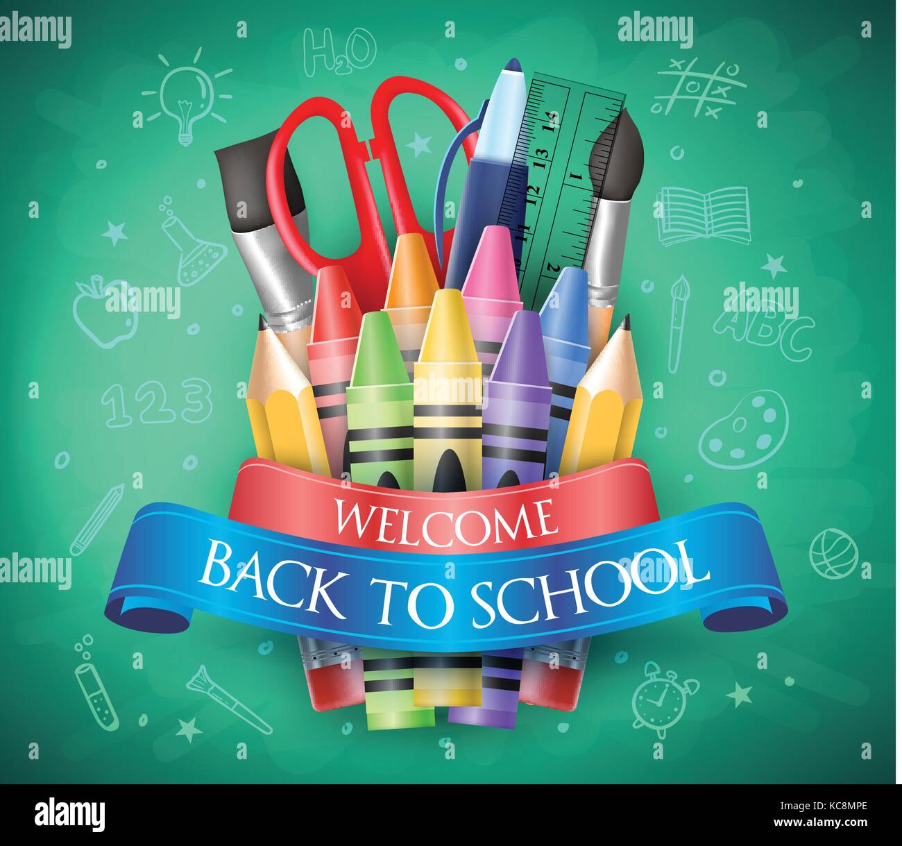 Welcome Back To School with Ribbon, Crayons and School Items in a ...