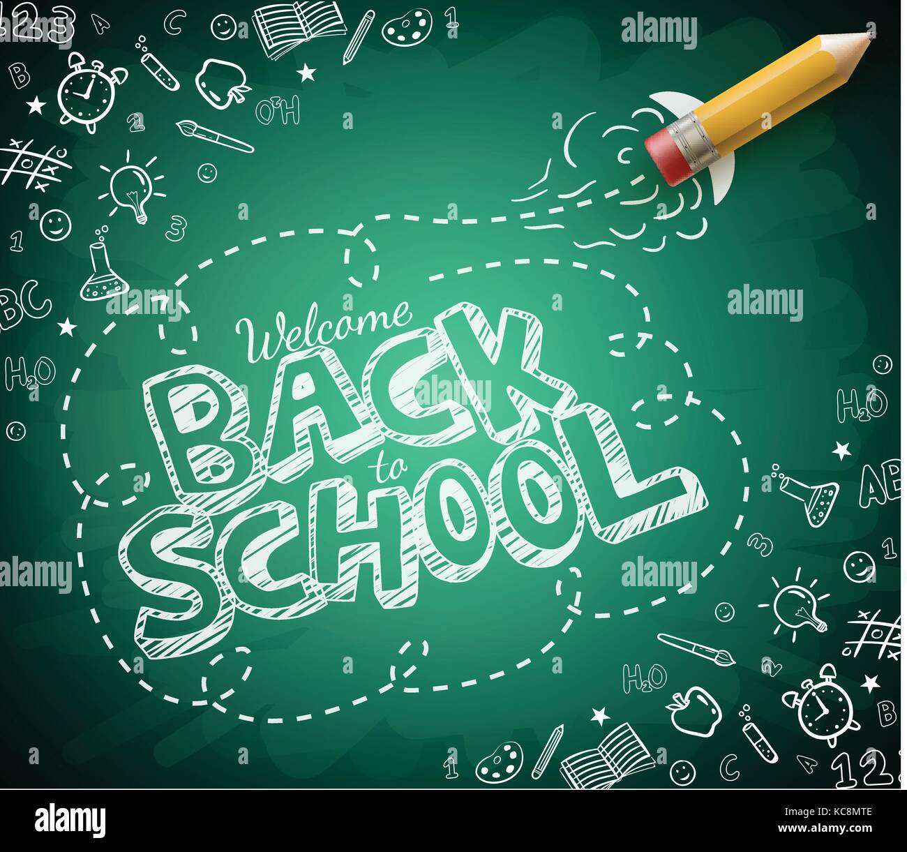 Welcome Back to School Drawing in Green Chalkboard Background. Vector ...