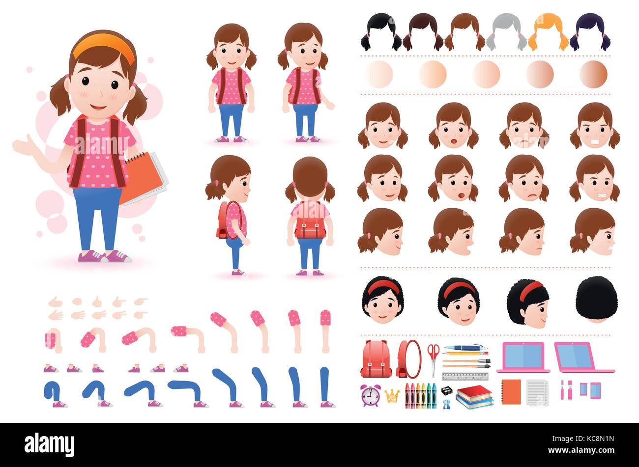 Little Girl Student Character Creation Kit Template with Different ...