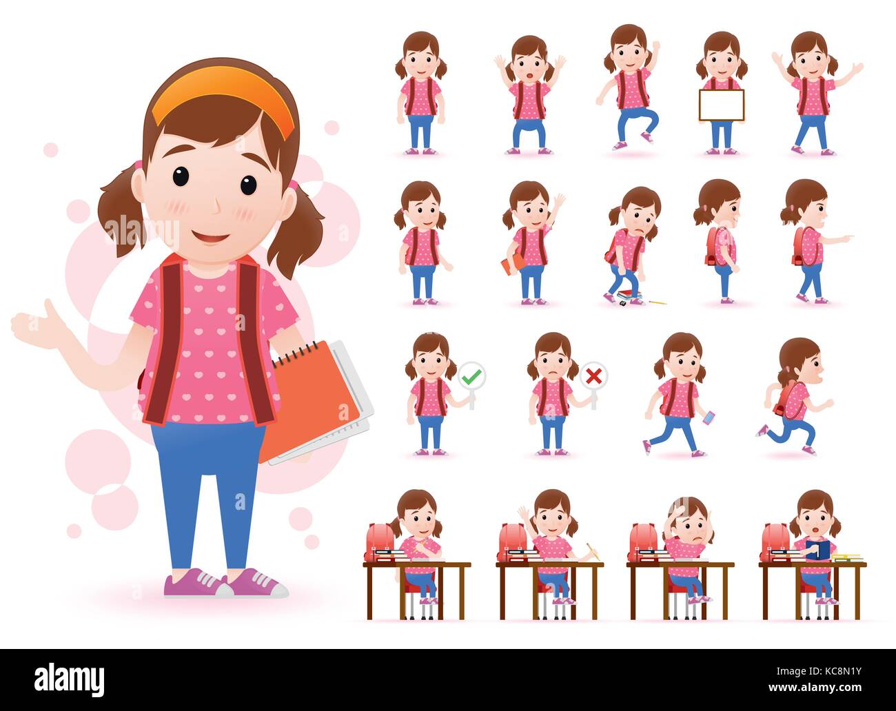 Ready to Use Little Girl Student Character with Different Facial ...