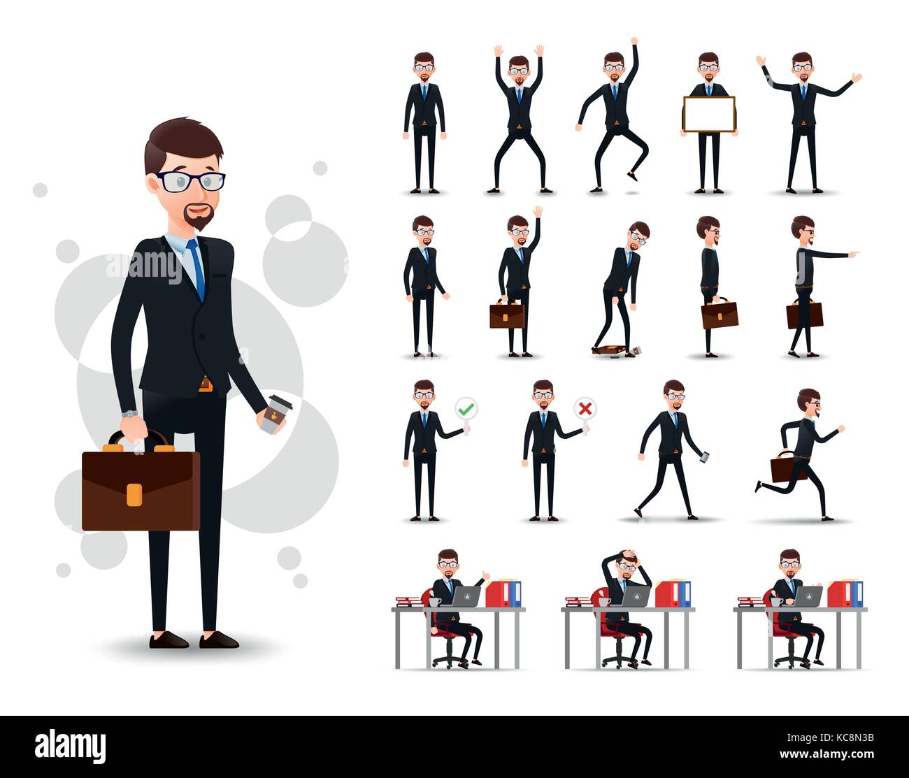 Male Businessman 2D Character Ready to Use Set with Beard, Wearing Suit ...