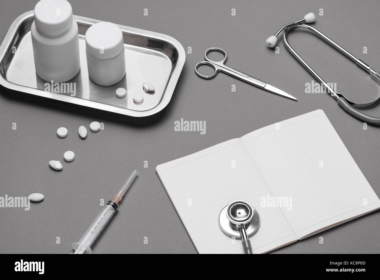 Doctor desk table with stethoscope and medical items. Flat lay Stock ...