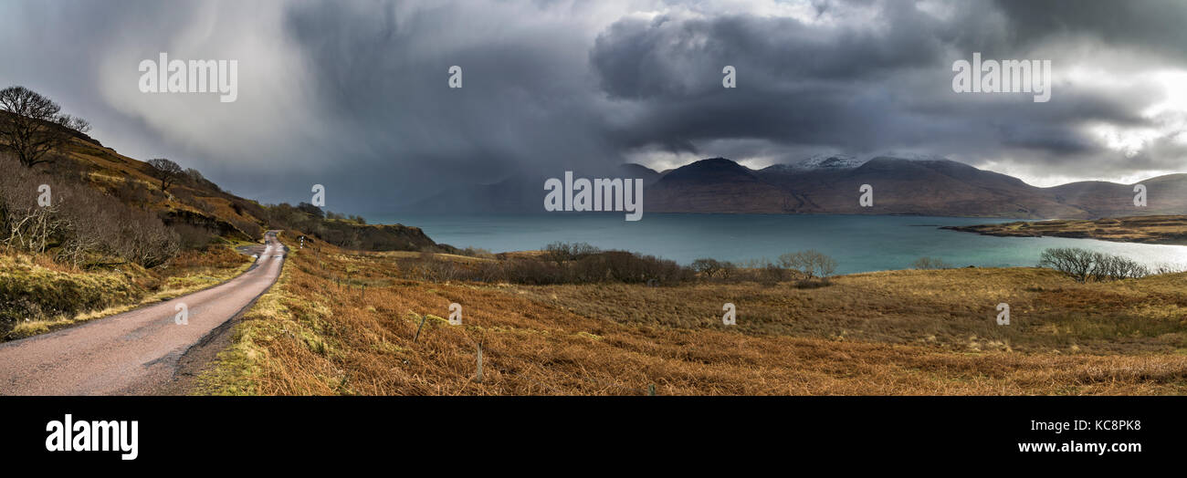 Panorama of winter snow showers over Loch Na Keal and Ben More on the ...