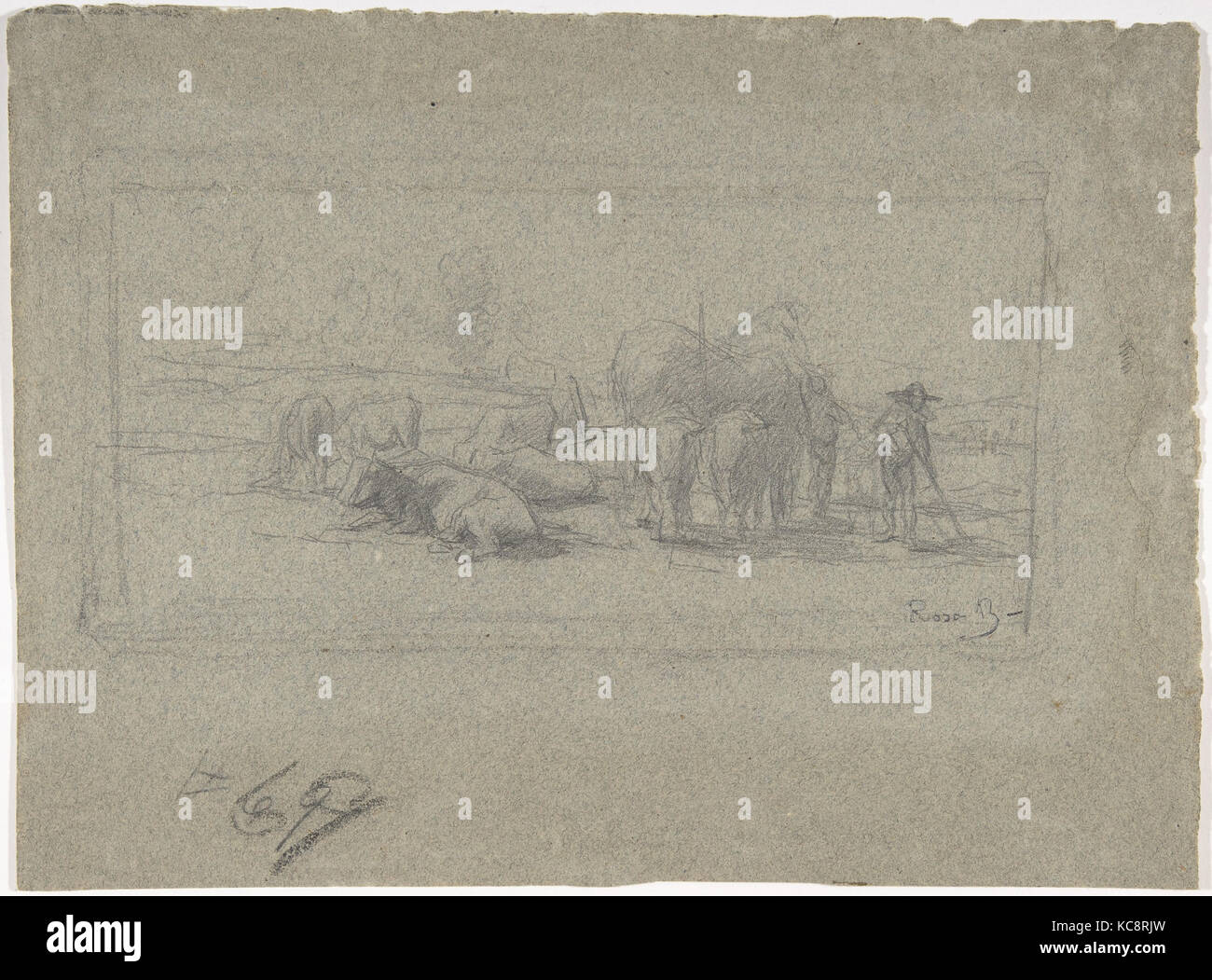 Landscape with Cattle, Graphite on blue paper faded to gray, Sheet: 9 1 ...