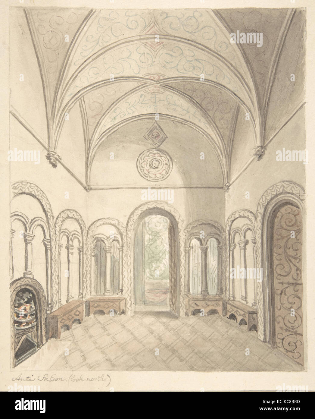 Lea Castle, Worcestershire, Ante-saloon, Looking North, John Carter, ca ...