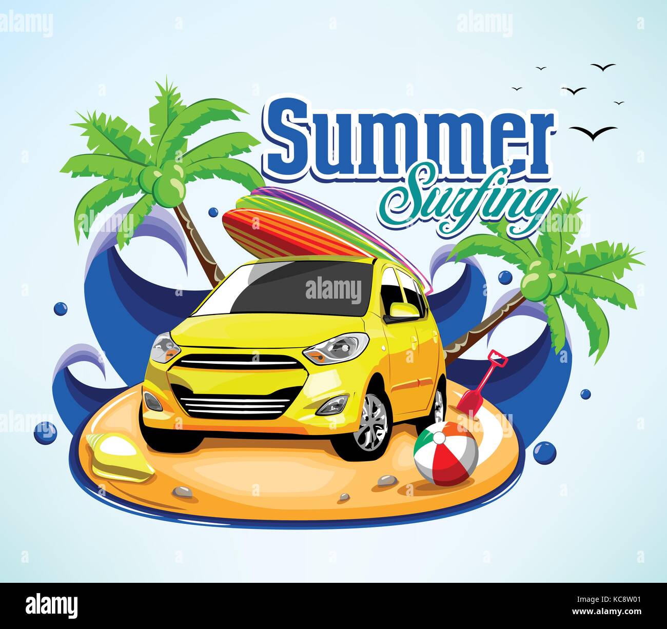 Summer Surfing Adventure Poster Design with Car and Surfboard on Top ...