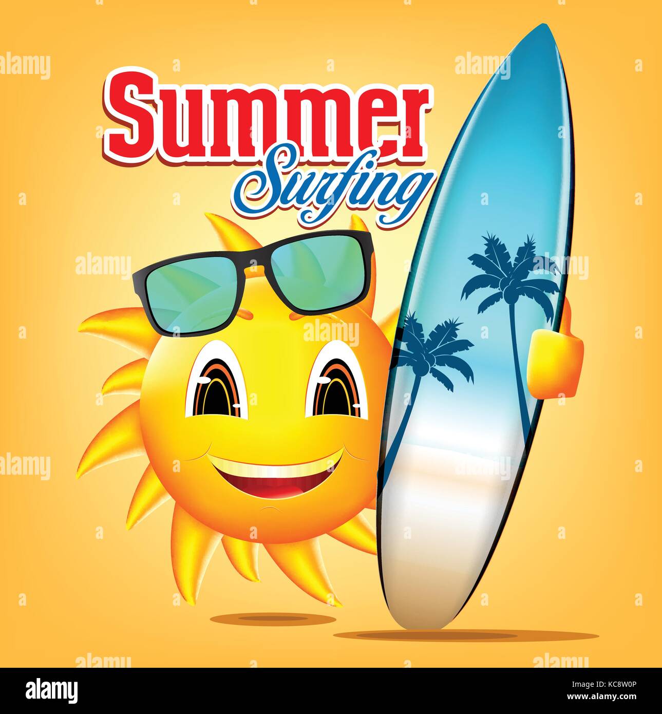 Summer Surfing Sun Character Holding Surfboard with Seascape and Palm ...