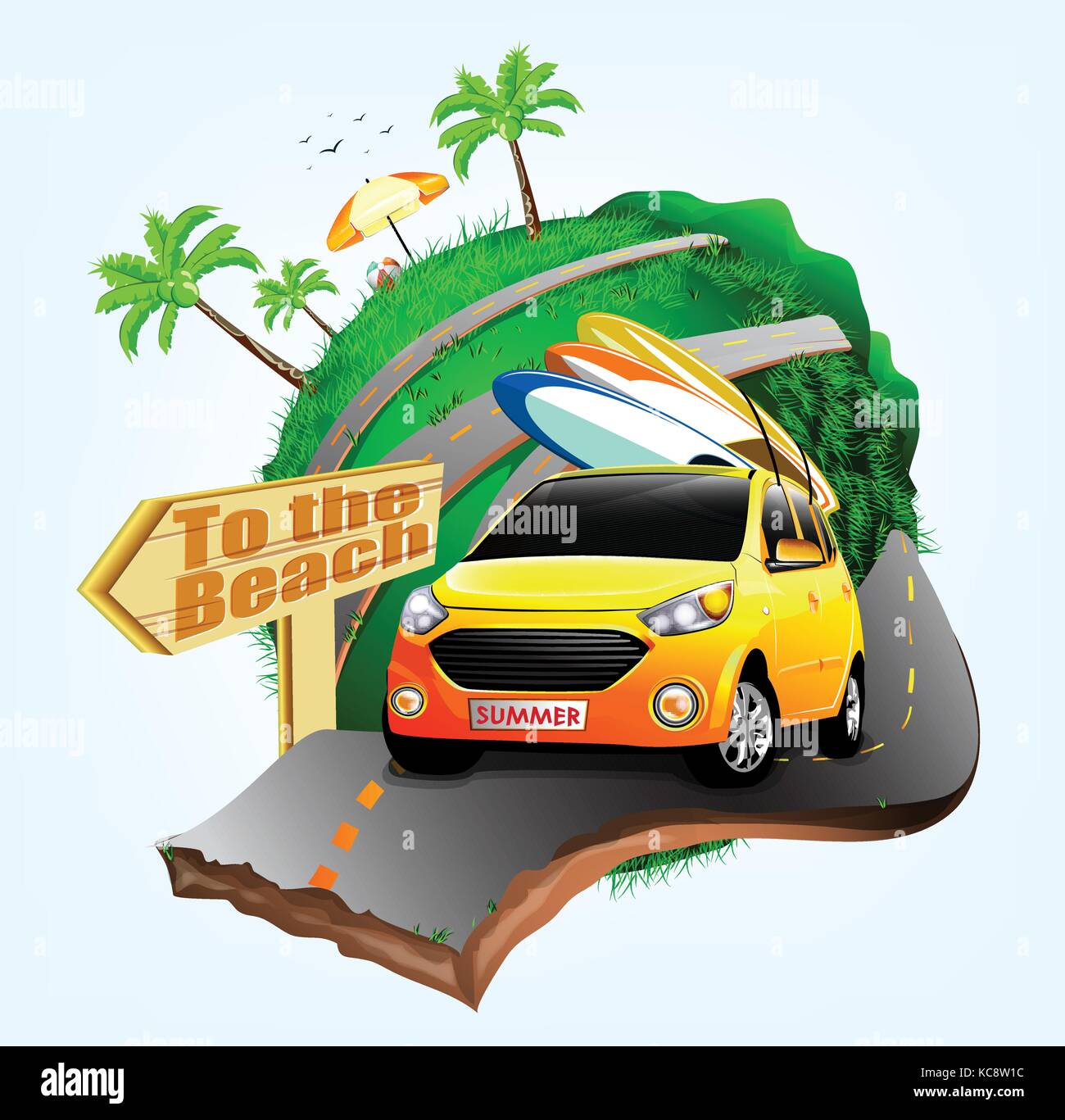 Summer Surfing Adventures Poster Design with Yellow Car Handling Three ...