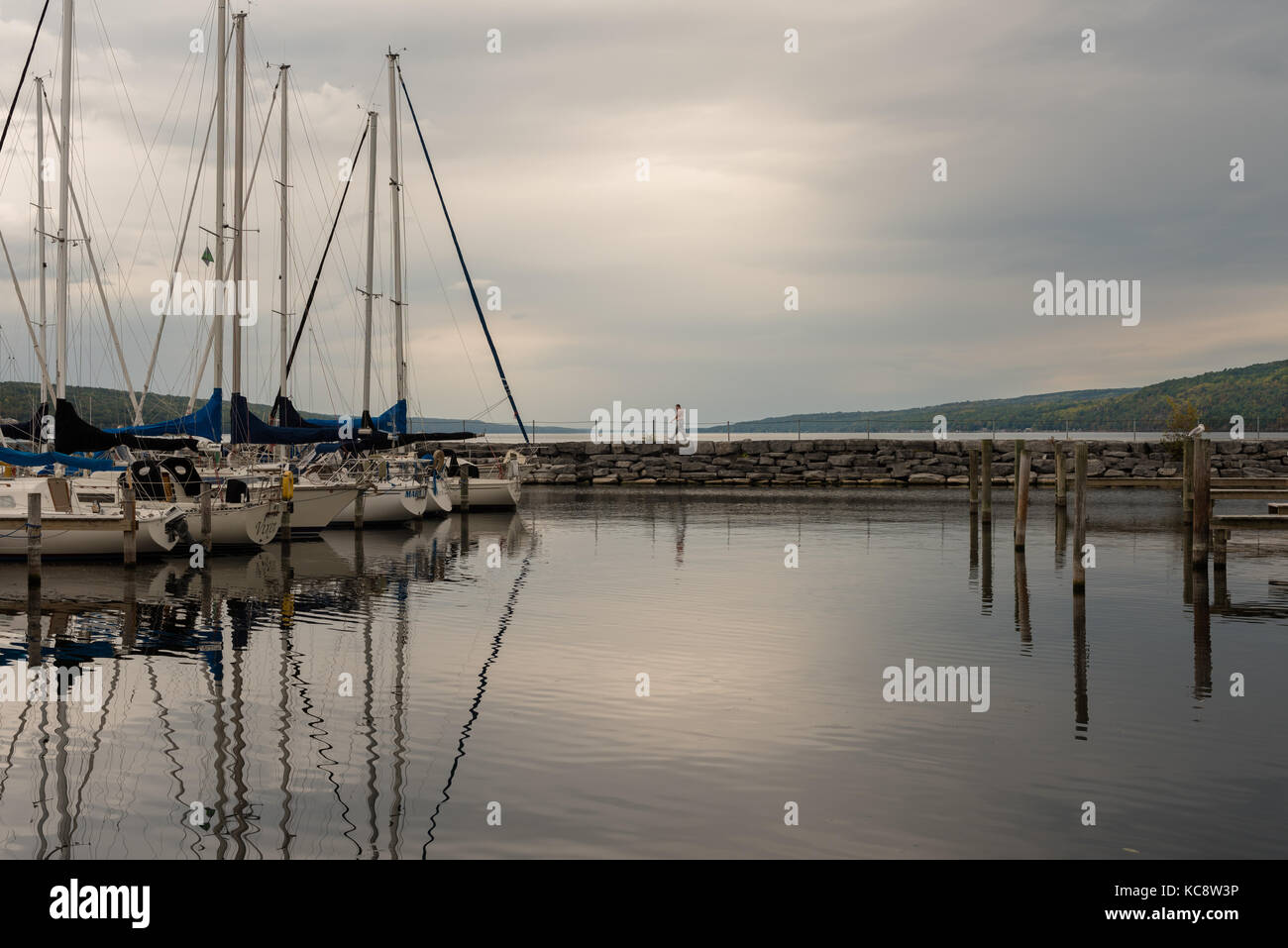 Boats are docked in a Lake Seneca Marina; an anonymous man is walking ...