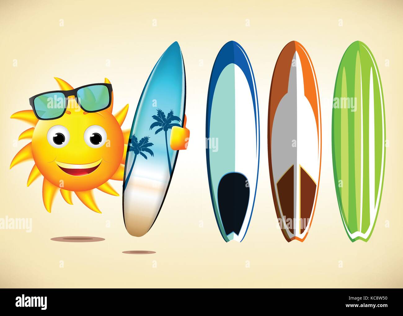Smiling Sun Character Holding Sets of Surfboards with Different Designs ...