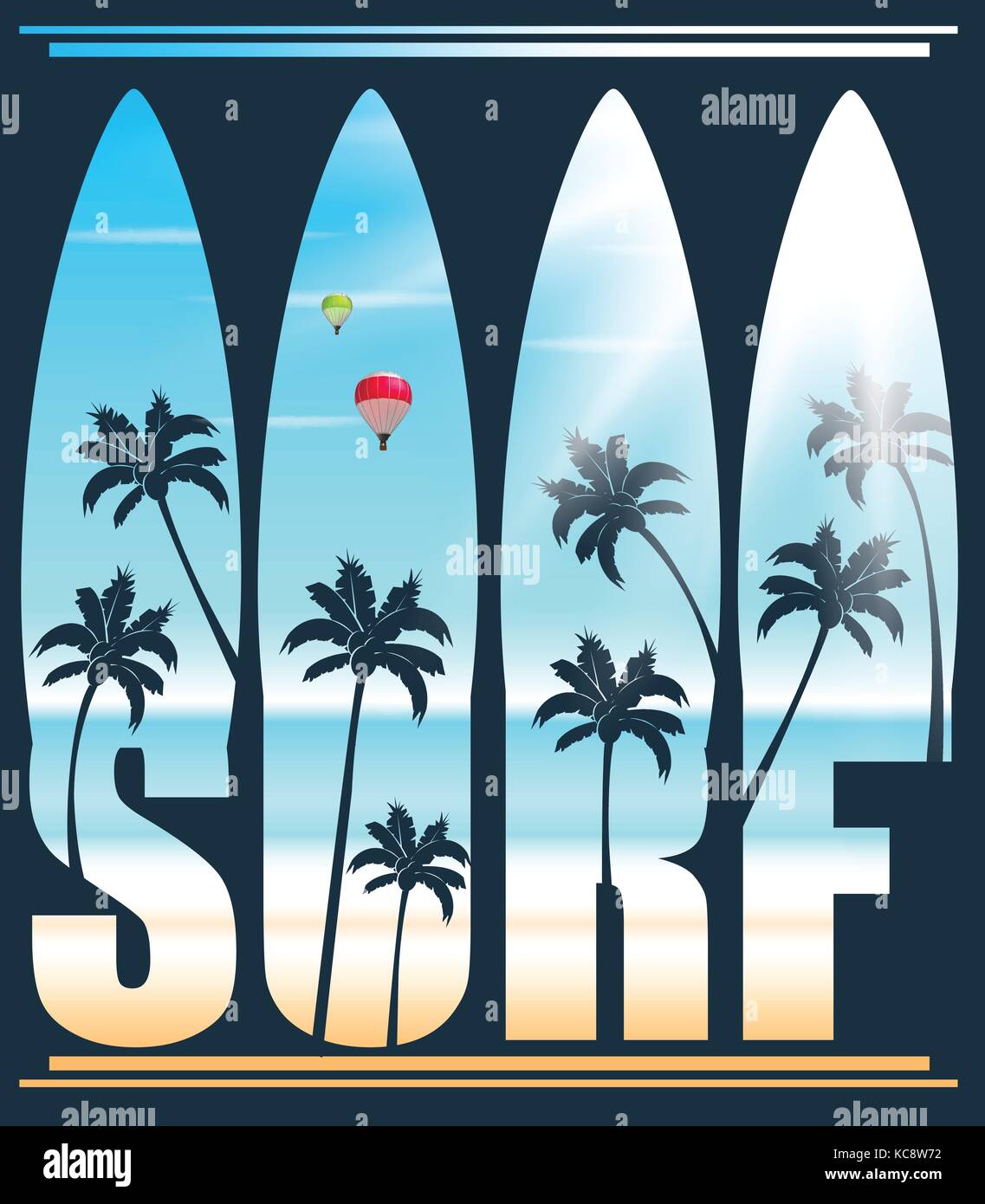 Surf Lettering Vector Illustration with Palm Trees at the Beach for ...