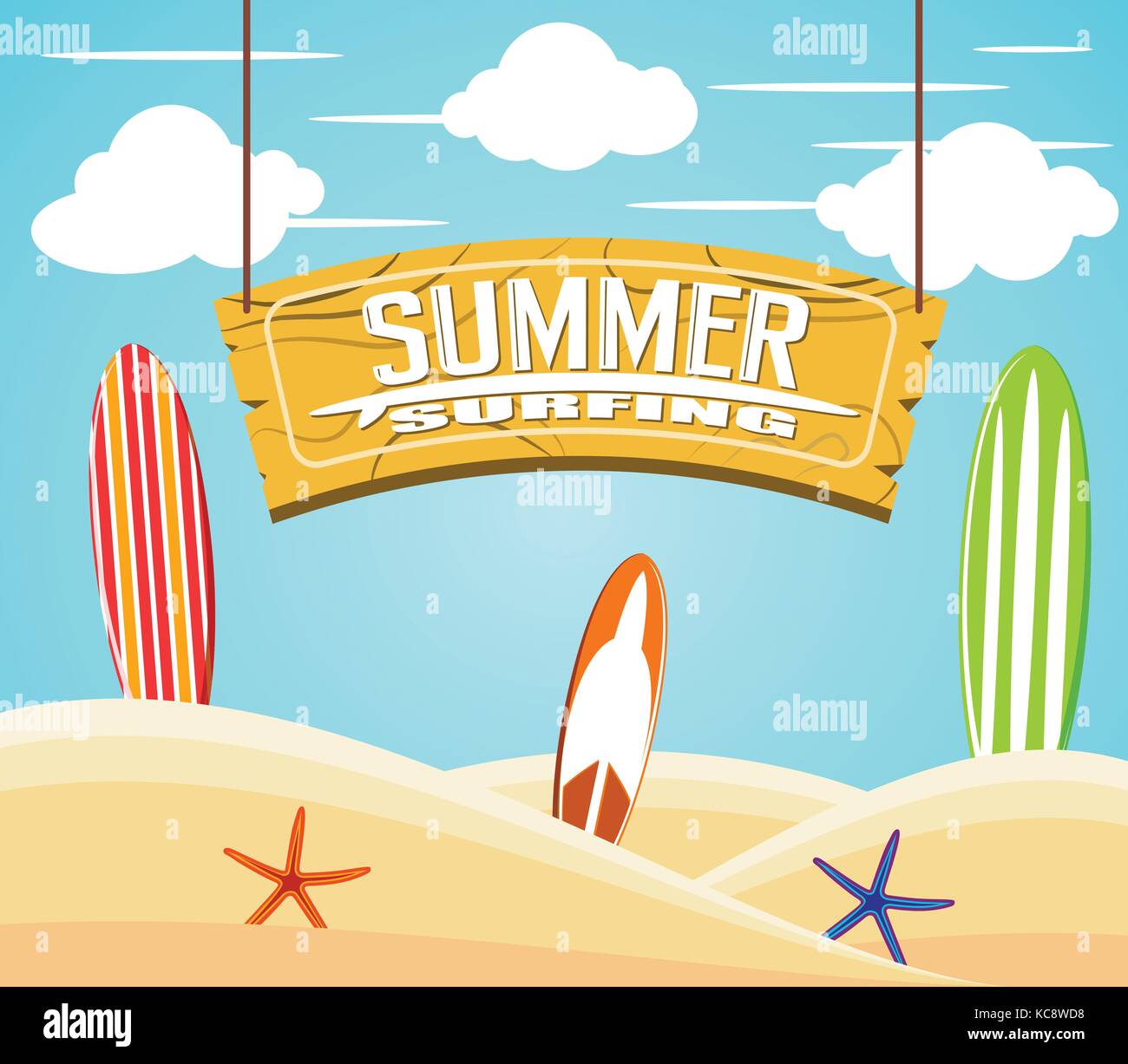Hanging Summer Surfing Sign with Colorful Surfboards and Starfish in ...