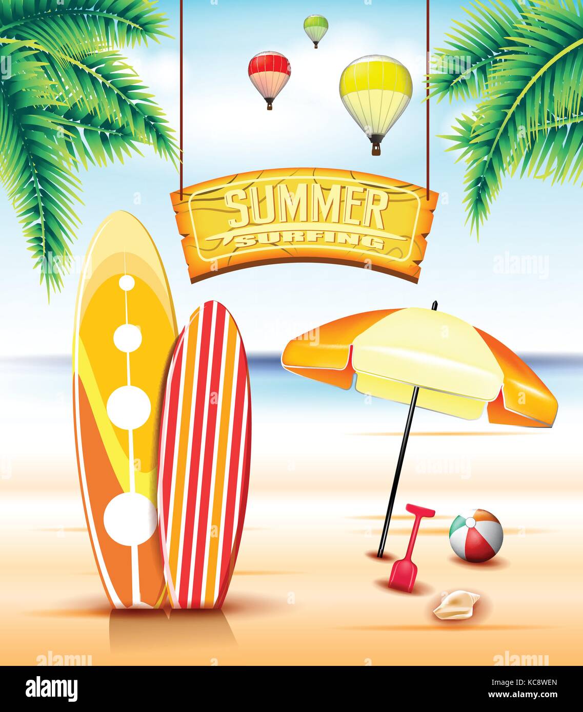 Hanging Arc Sign for Summer Surfing at the Beach With Surfboards and ...