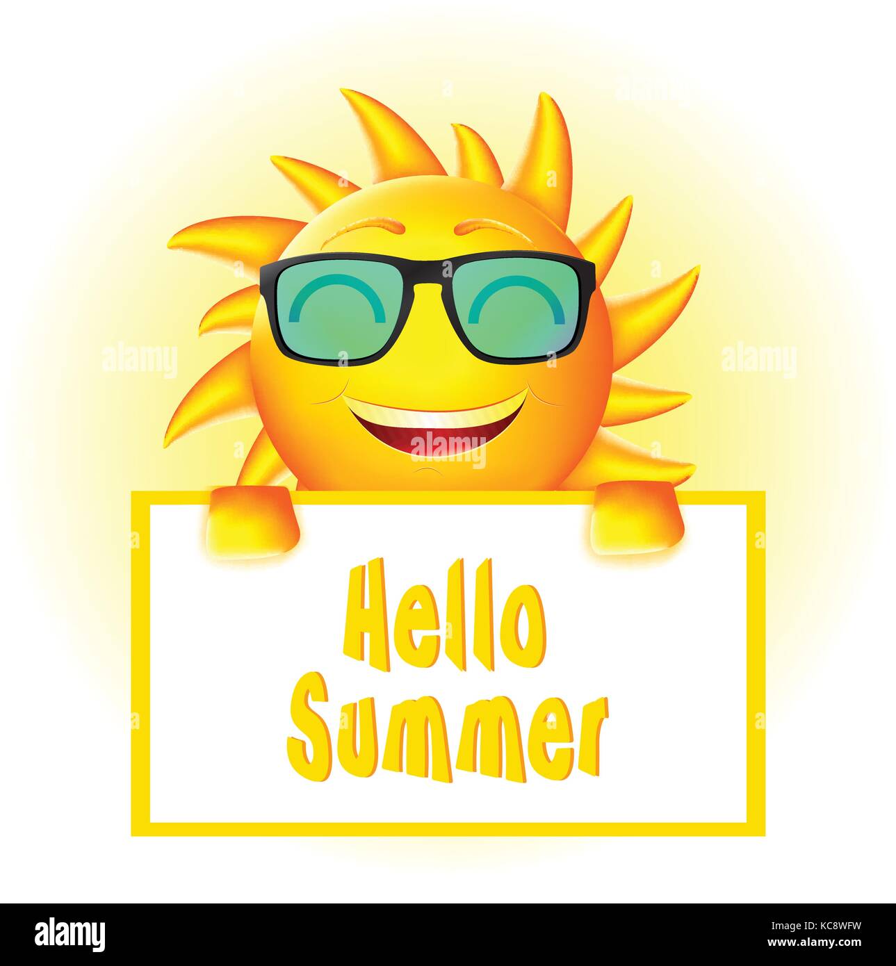 Sun Character with Sunglasses Holding Hello Summer Sign Board in White ...