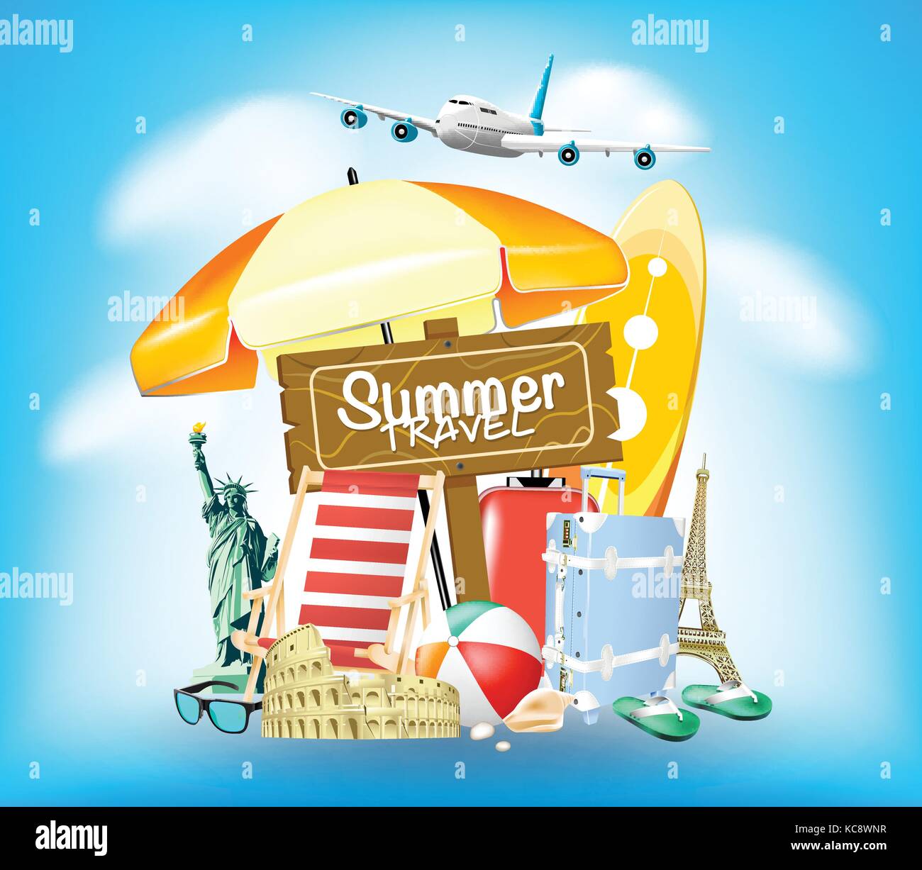 Summer Travel Sign on Blue Background with Traveling Bag and Airplane ...