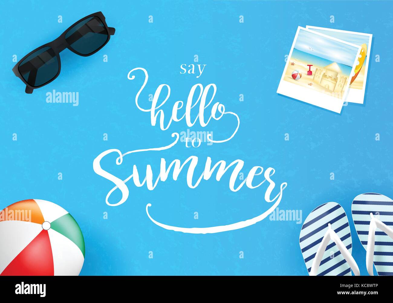 Simple Say Hello to Summer Lettering in Blue Background with Sunglasses ...